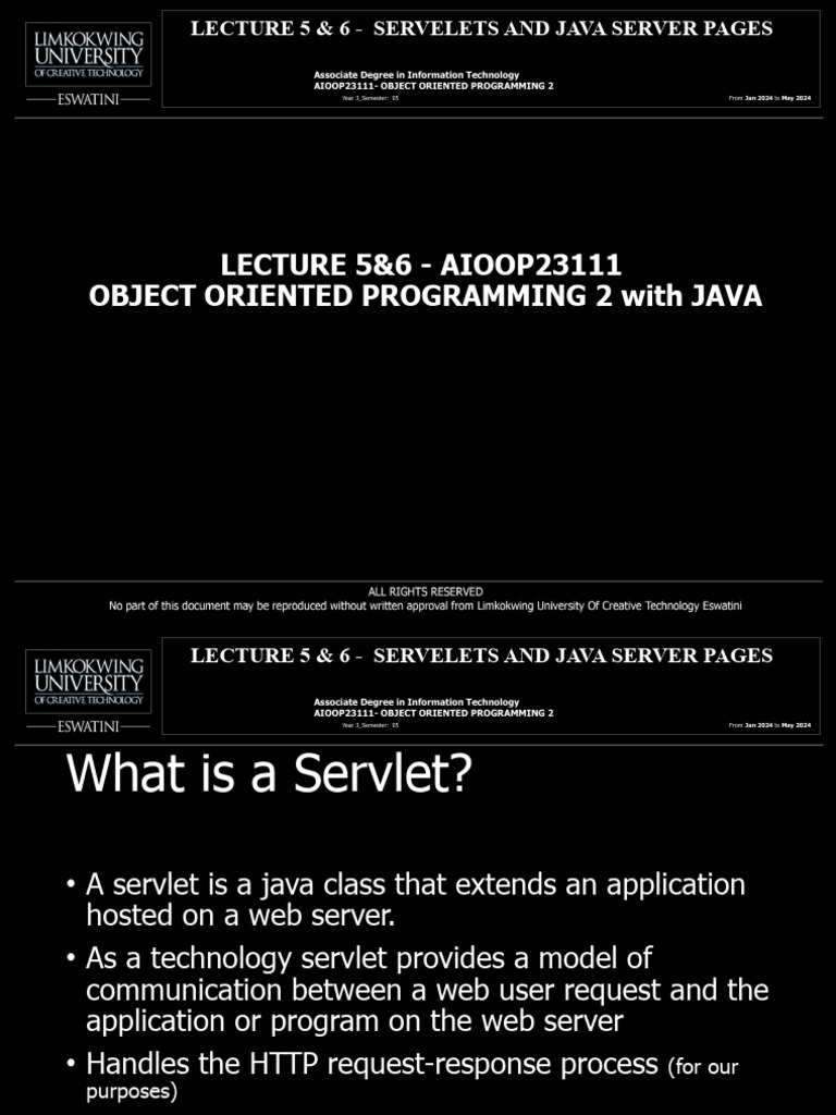 AOOP3111 - Lecture 5&6 - 2024 - Servlets | PDF | Java (Programming Language) | Computing
