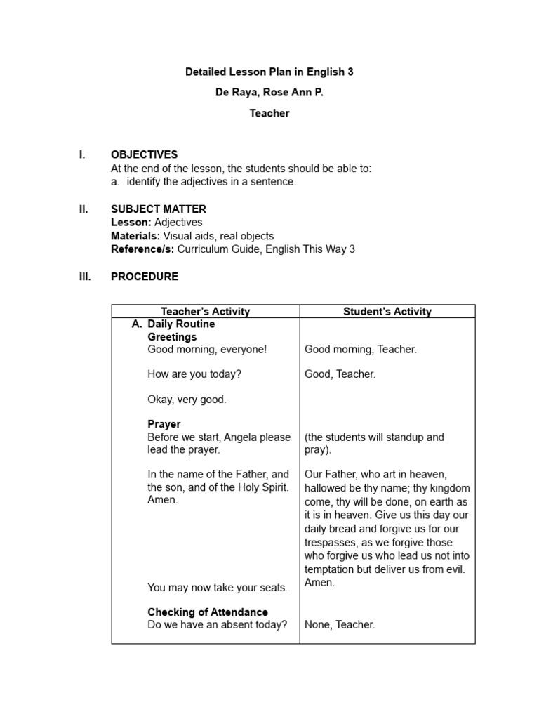 Detailed Lesson Plan in English 3 - Adjectives | PDF | Lord's Prayer ...
