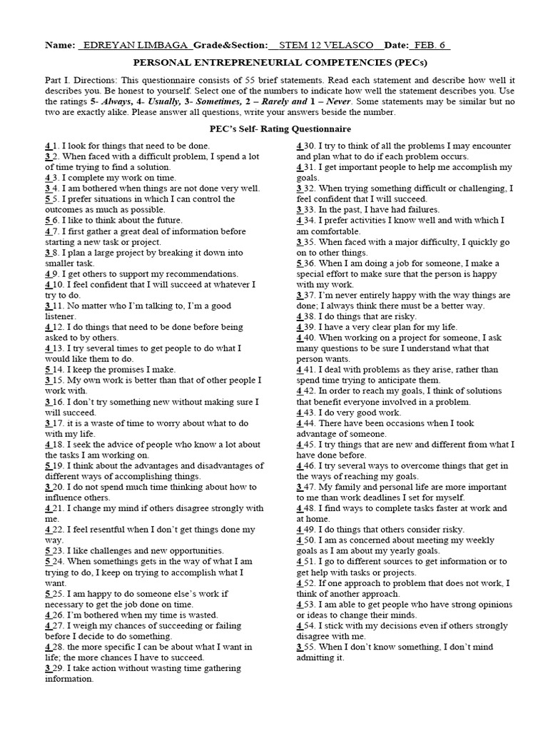 PECs Self-Rating Questionnaire Guide | PDF | Questionnaire ...