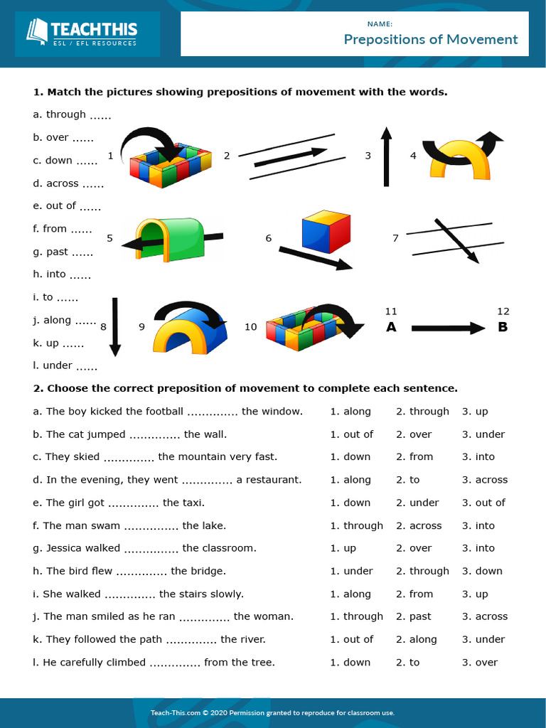 Prepositions of Movement Worksheet 6kl | PDF