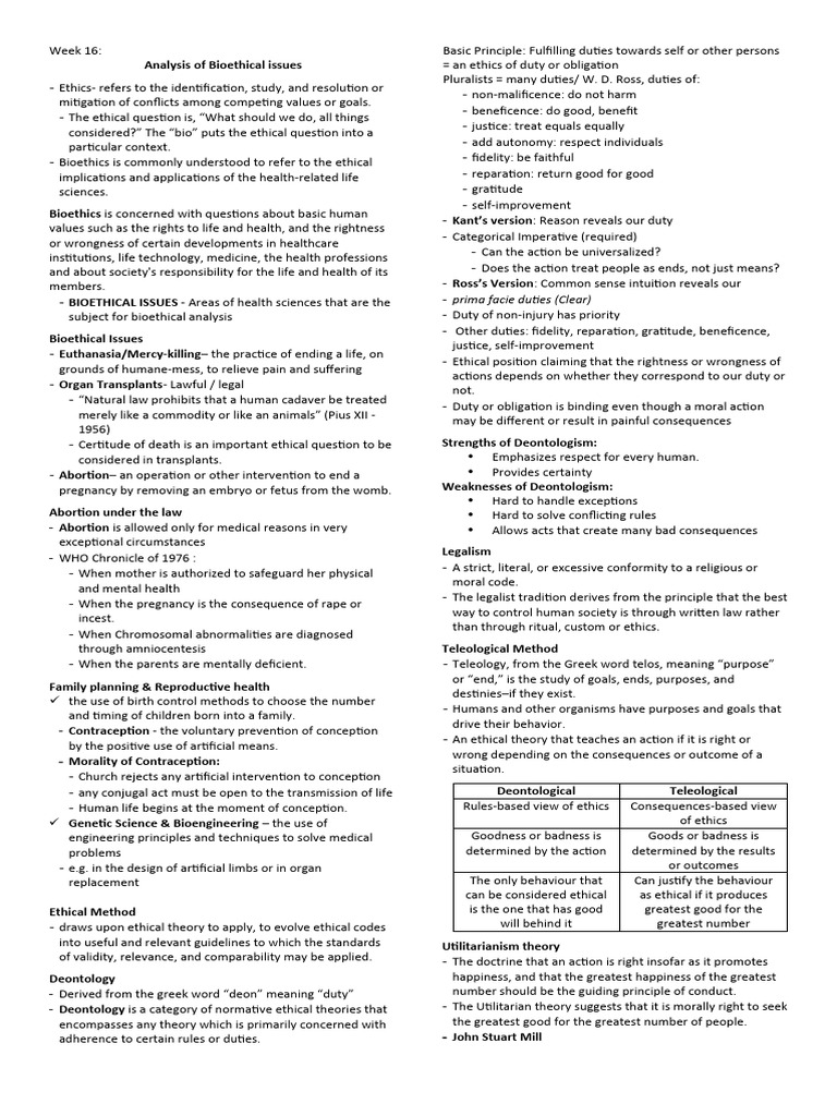 Week 17 Bioethical Issues | PDF | Bioethics | Utilitarianism