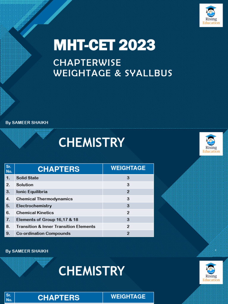 Mht-Cet 2023 - Weightage | PDF | Chemistry | Magnetic Field