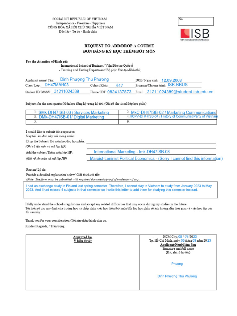 Add Drop Subjects Requestform - DONXINTHEM BOTMON - UpdatedT5.2022 | PDF