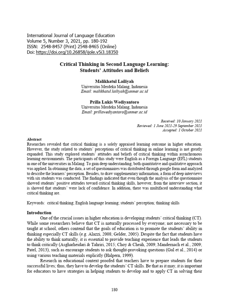 Critical Thinking in Second Language Learning: Students' Attitudes and ...