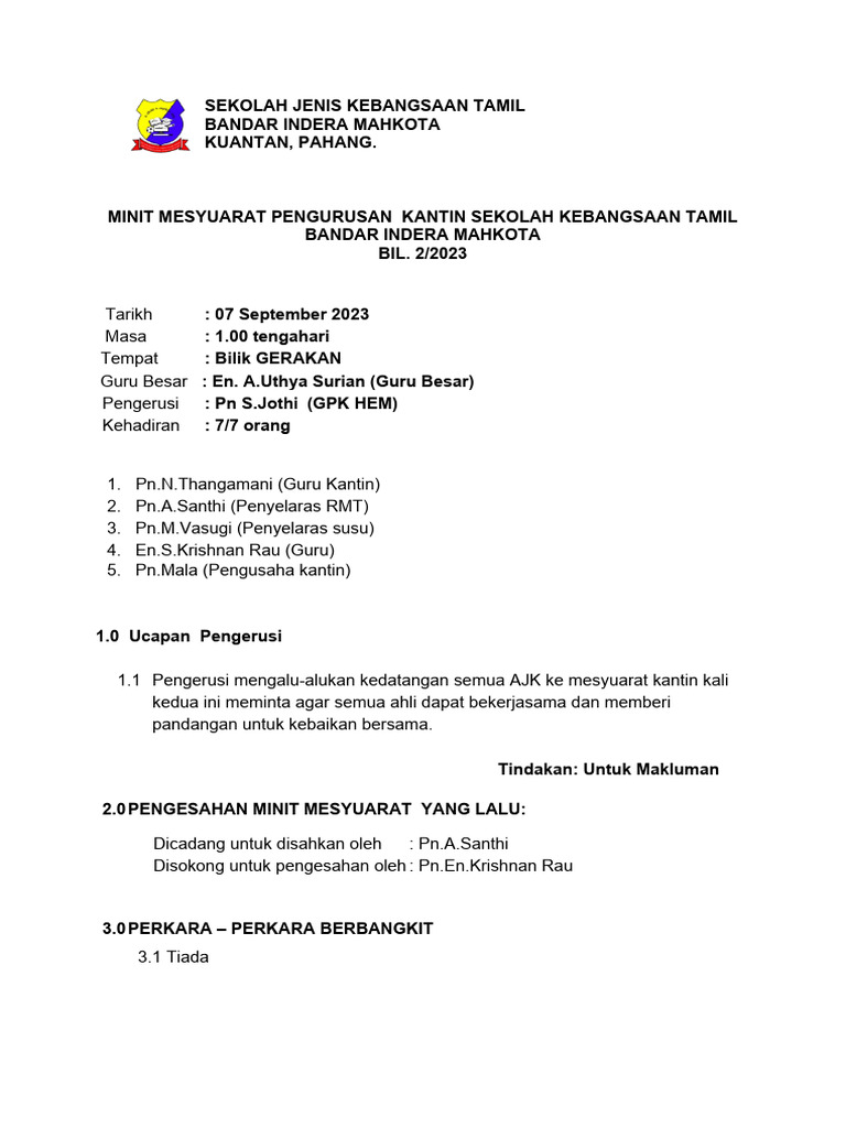 Minit Mesyuarat Kantin 2 2023 | PDF