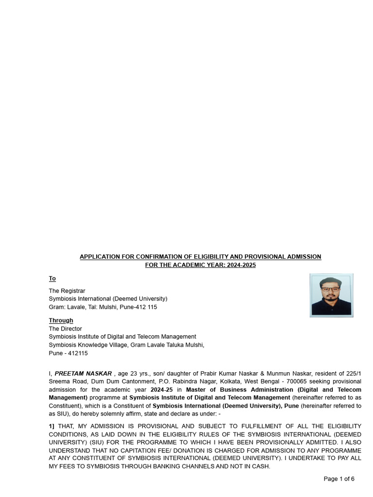 Admission Form - Preetam Naskar | PDF | Academic Degree | University And College Admission