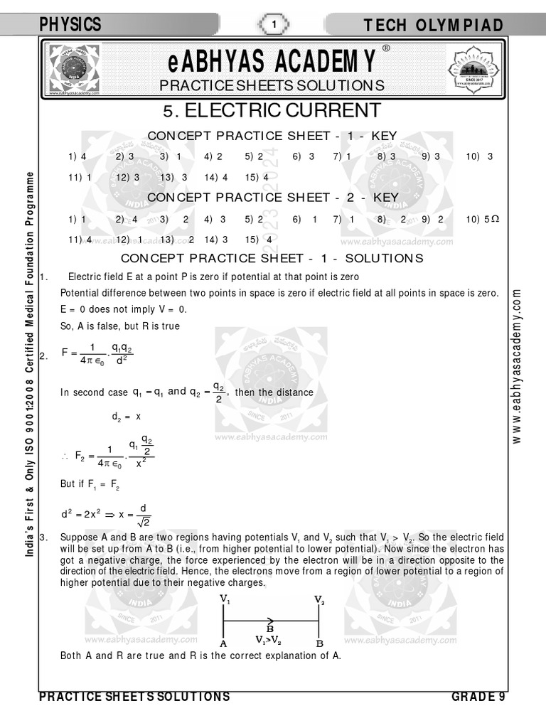 9TH - 5.electric Current - Practice Sheet - Solutions | PDF ...