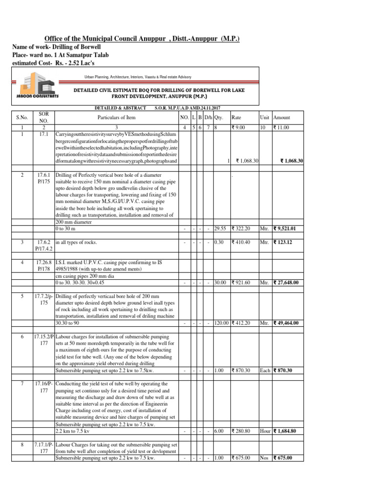 DRILLING OF BOREWELL ESTIMATE | PDF | Drilling | Pump