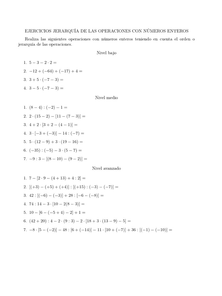 EJERCICIOS DE MATEMATICA_JERARQUIA DE OPERACIONES | PDF | Entero | Matemáticas