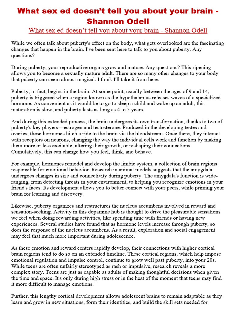 UNDONE What Sex Ed Doesnt Tell You About Your Brain Shannon Odell | PDF | Puberty | Adolescence