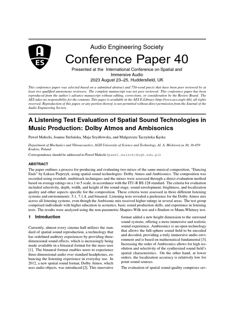 A Listening Test of Spatial Sound in Music Production | PDF ...