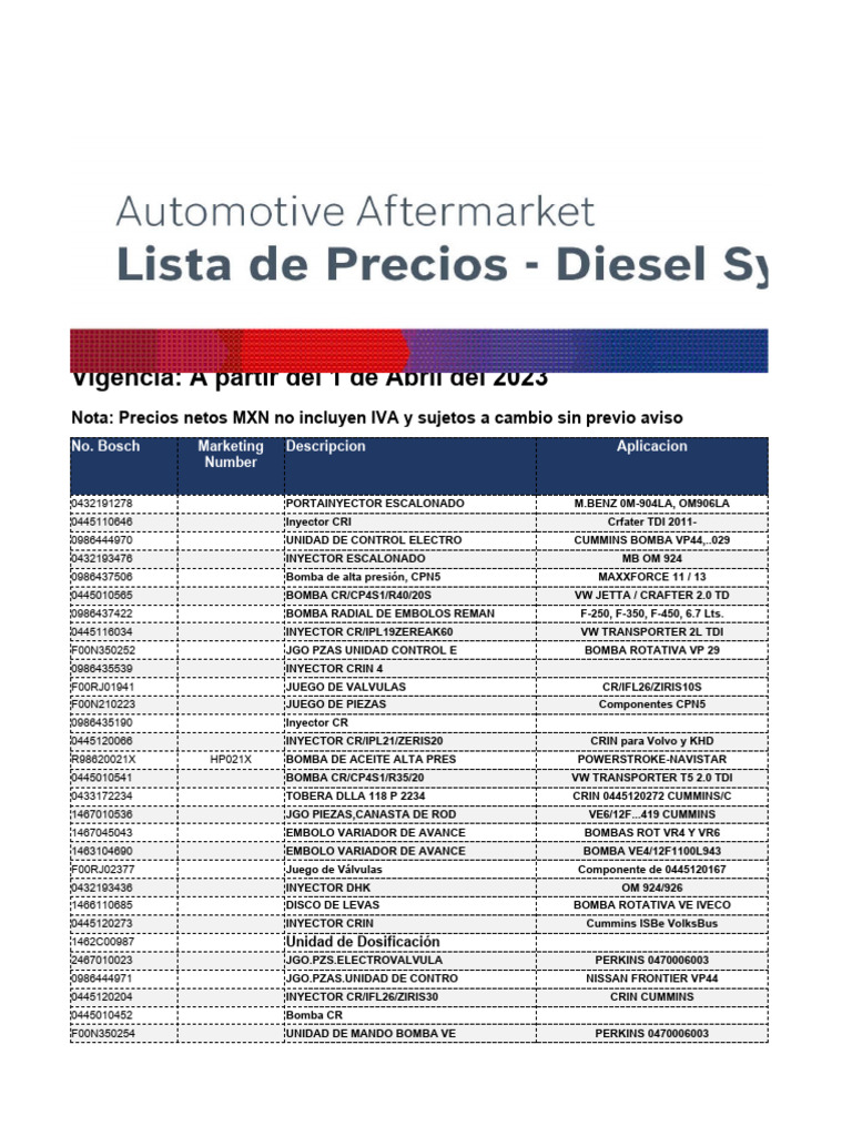 Lista de Precios Diesel Systems Abril 2023 | PDF | Inyección de ...
