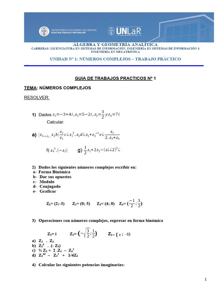 Trab Pract #1 Números Complejos Isi Lsi Imec 2022 | PDF | Número complejo | Geometría