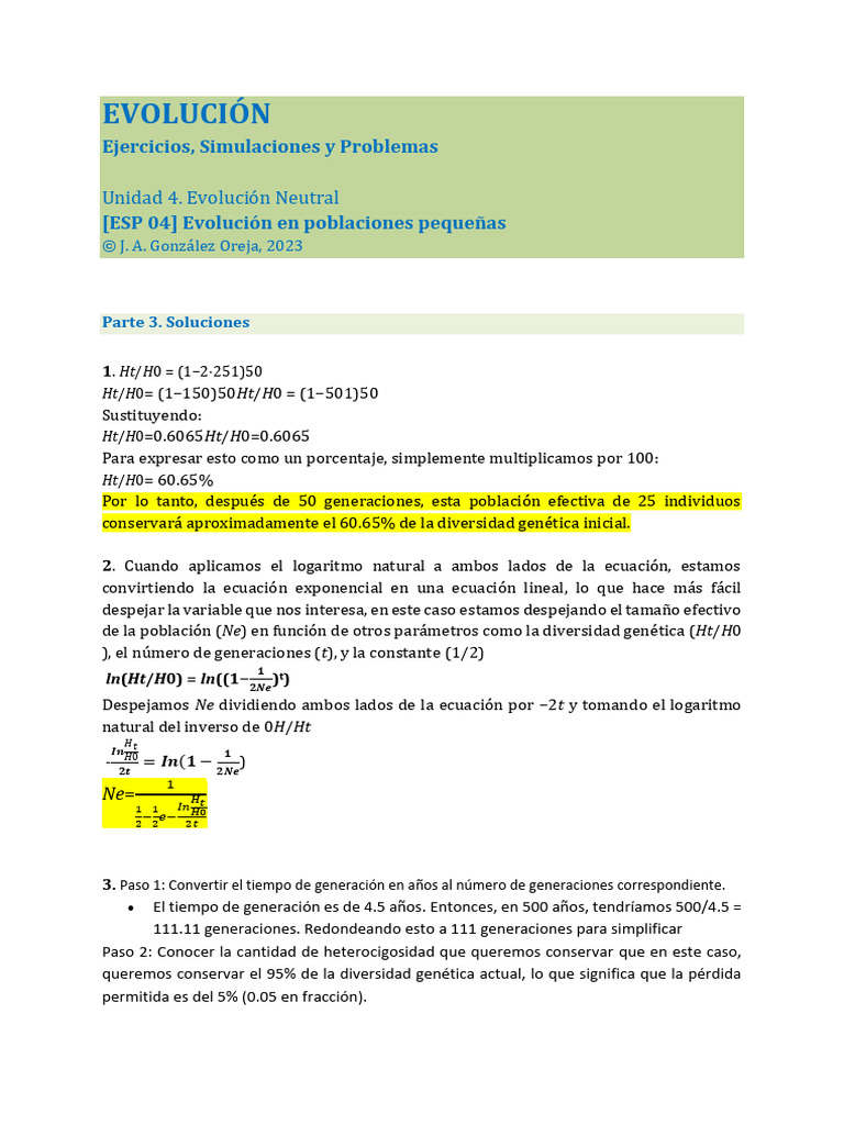 [Template] U4. [ESP 04] Evolución en poblaciones pequeñas - Archivo 2 | PDF | Logaritmo | Ecuaciones