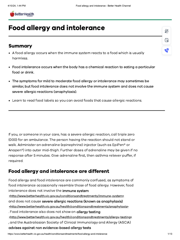 Food allergy and intolerance - Better Health Channel | PDF | Allergy ...