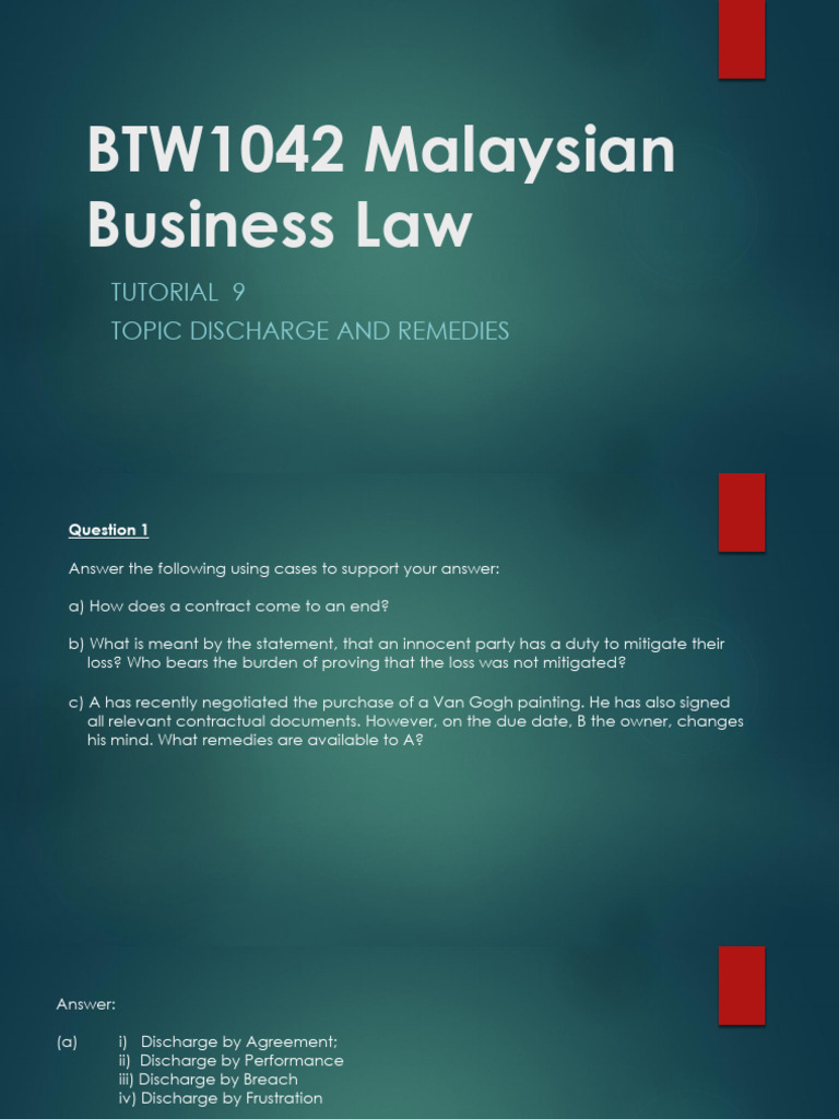 Tutorial 9 - Discharge and Remedies | PDF | Damages | Breach Of Contract