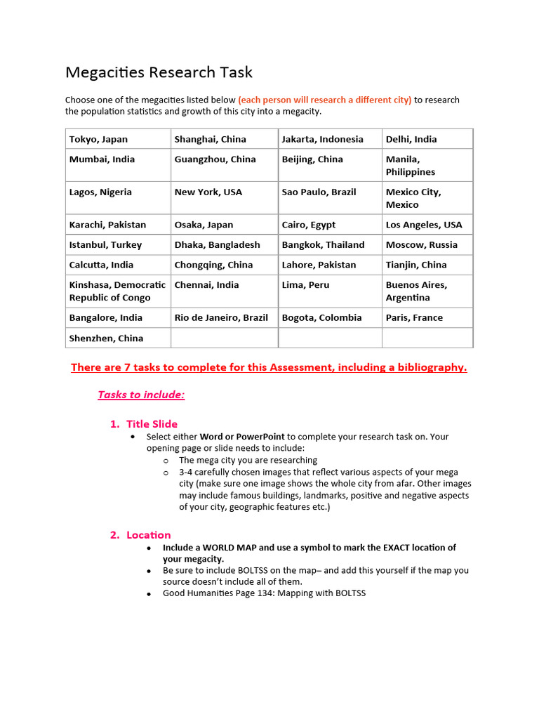 Mega Cities Research Task (2) | PDF