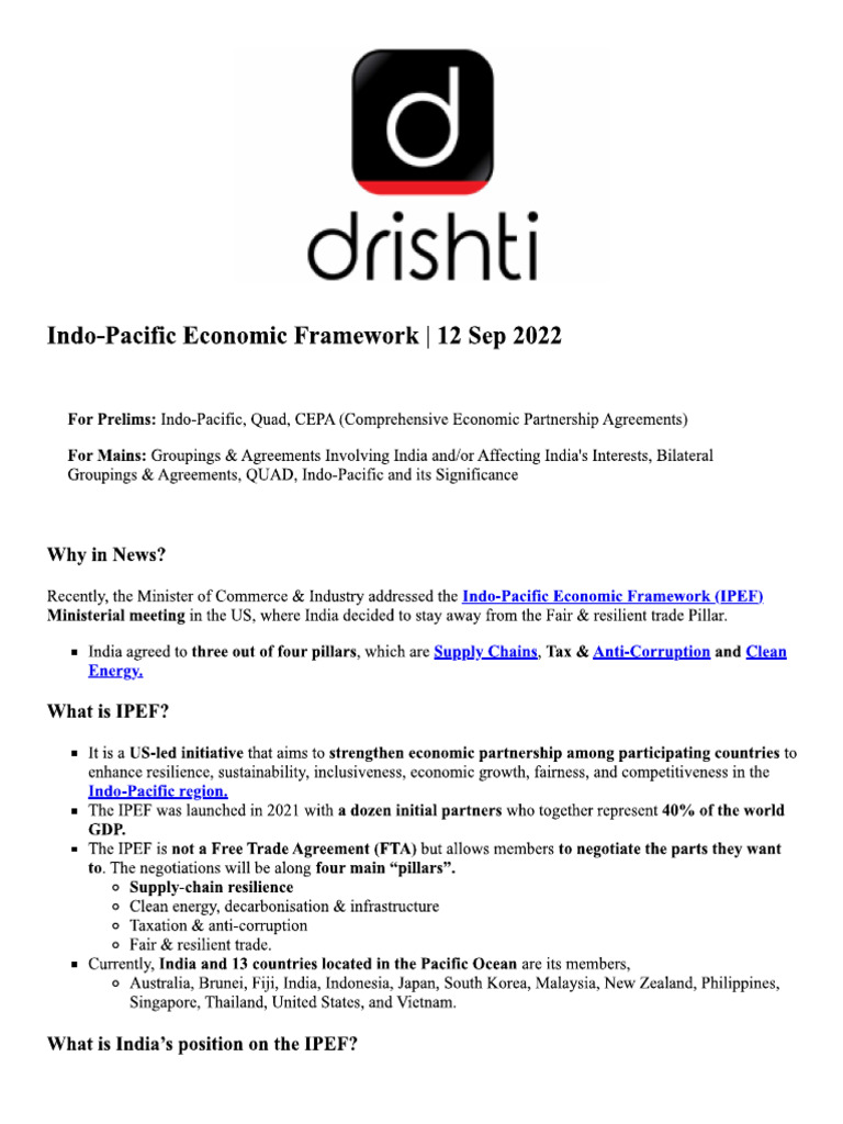Indo-Pacific Economic Framework (DrishtiIAS) | PDF