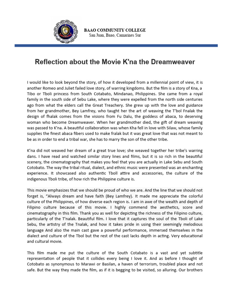 Reflection Paper About The Movie K'Na The Dreamweaver | PDF