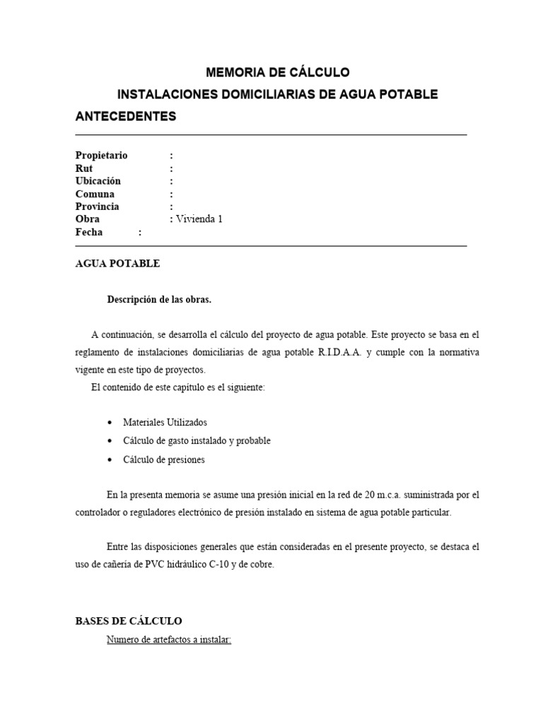 MEMORIA DE CALCULO AGUA POTABLE 4 VIVIENDAS | PDF | Tubería (transporte de fluidos) | Agua