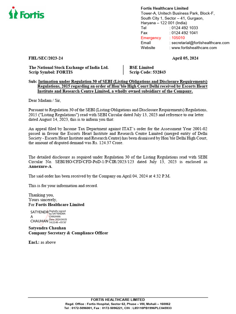Fortis 05042024143141 Ehircl Intimation | PDF