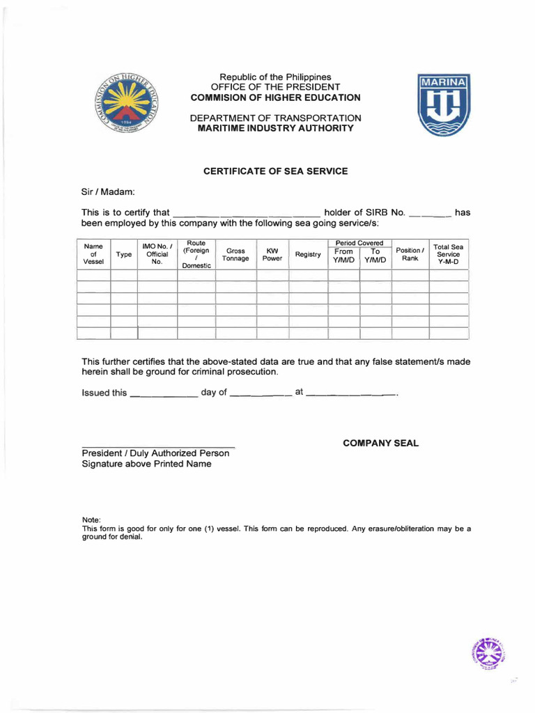 Certificate of Sea Service | PDF