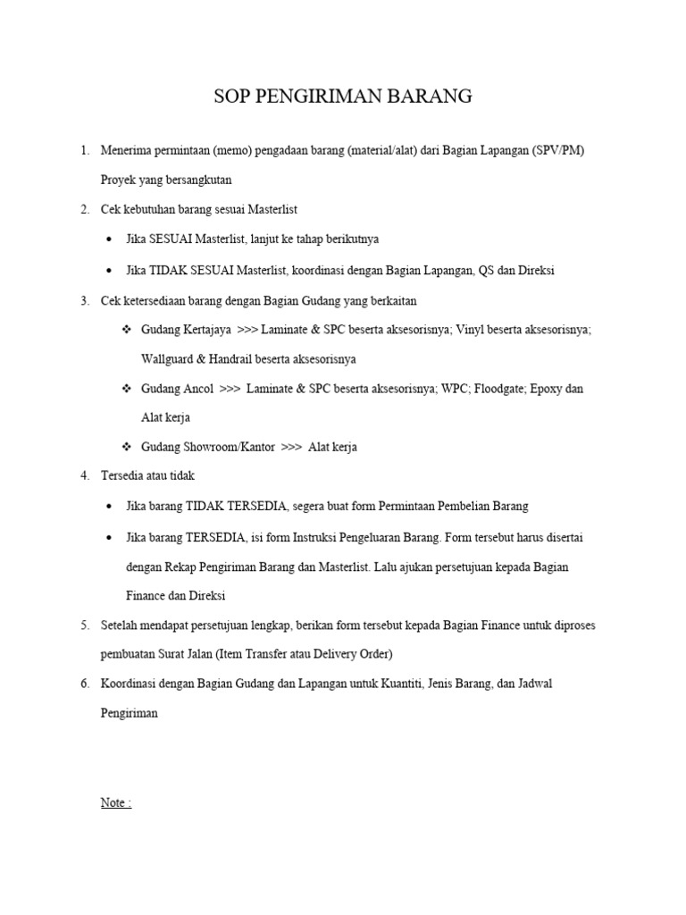 SOP Pengiriman Barang dan Prosedurnya | PDF