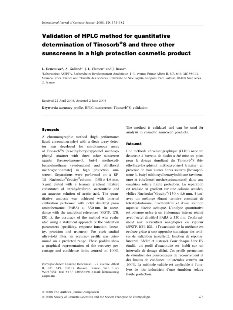 Intern J Of Cosmetic Sci 2008 Dencausse Validation Of Hplc Method For Quantitative