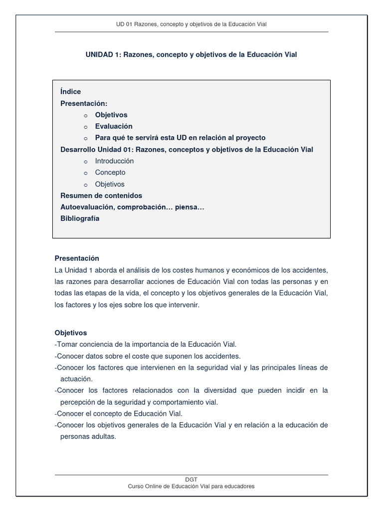 UNIDAD 1 Razones, concepto y objetivos de la Educación Vial | PDF | Tráfico | Peatonal