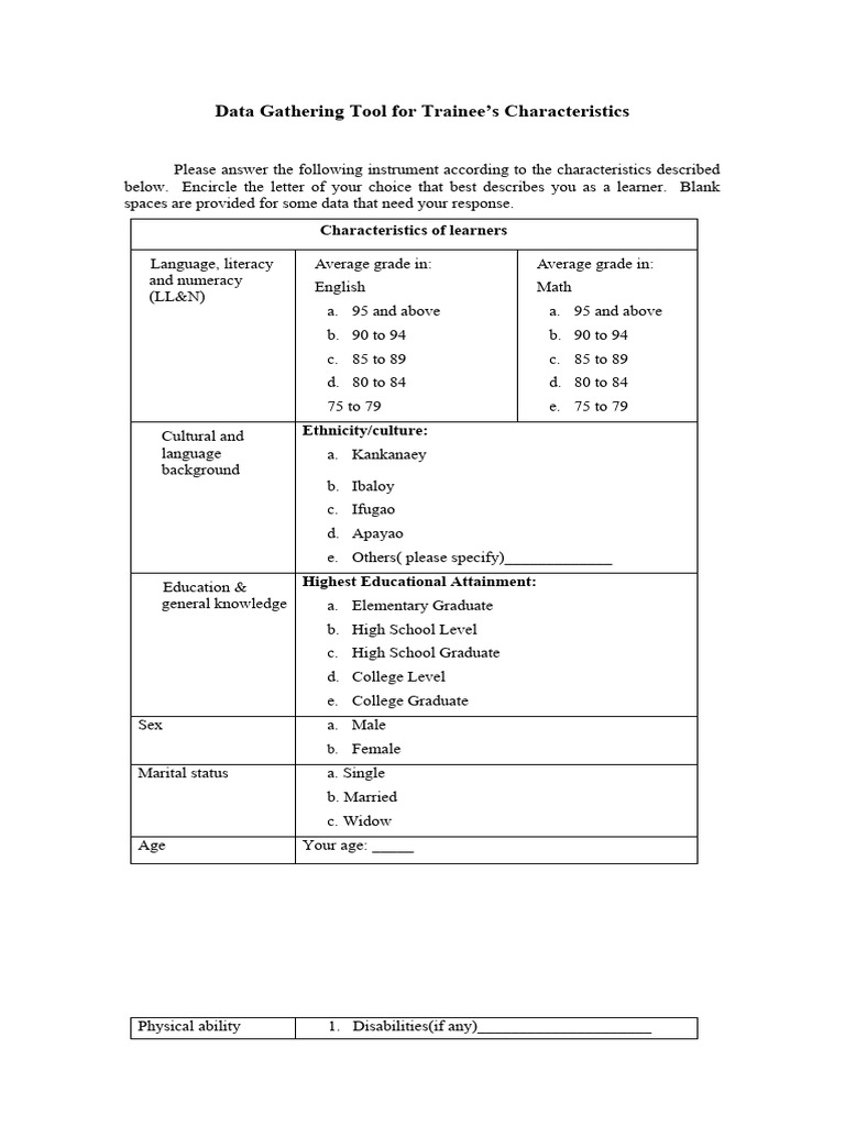 Sample Data Gathering Tool For Tra | PDF | Learning | Learning Styles