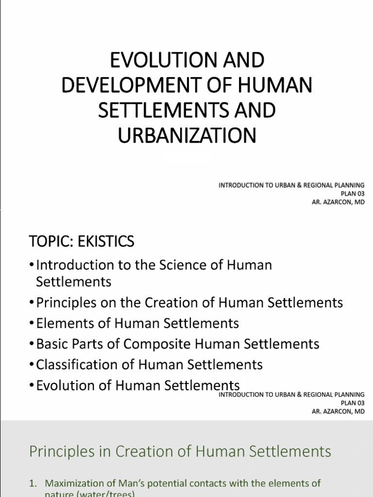 Evolution and Development of Human Settlements Ekistics | PDF