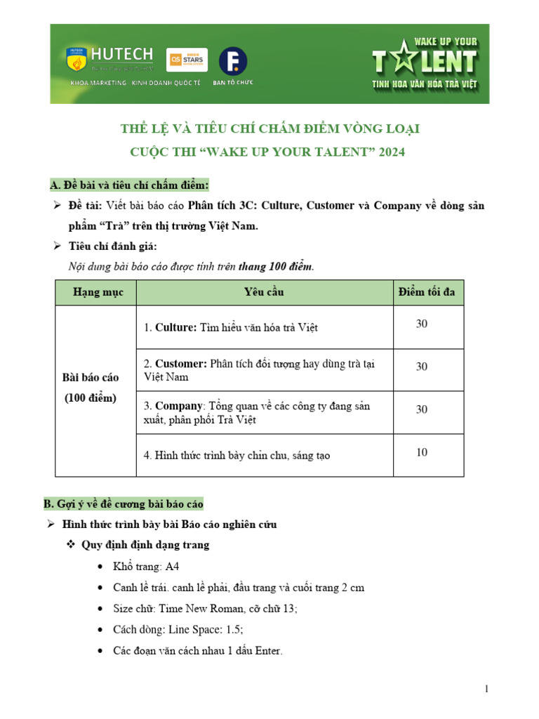THỂ LỆ VÀ TIÊU CHÍ CHẤM ĐIỂM VÒNG LOẠI CUỘC THI WA - 240311 - 182838 | PDF