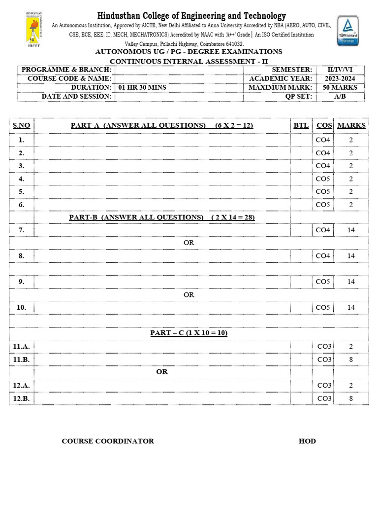 CIA - II Template For I Year, II Year & III Year | PDF | Engineering ...