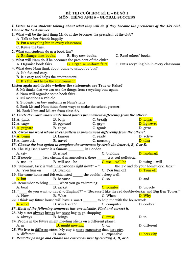 Lớp 6 GS - Cuối HK2 (1) - Đáp án | PDF | Venice