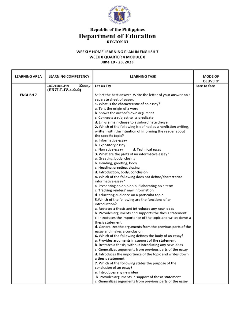 WHLP Q4 Week8'23 | PDF | Essays | Cognition