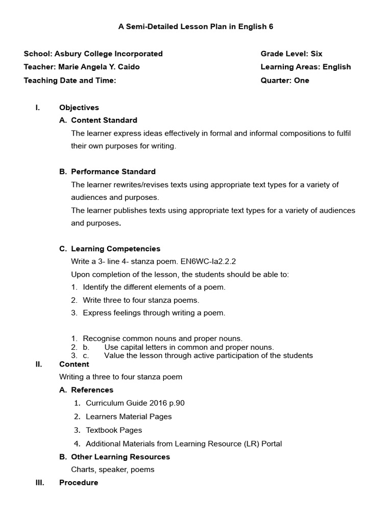 A Semi Detailed Lesson Plan in English 6 (demo) | PDF | Poetry | Lesson ...