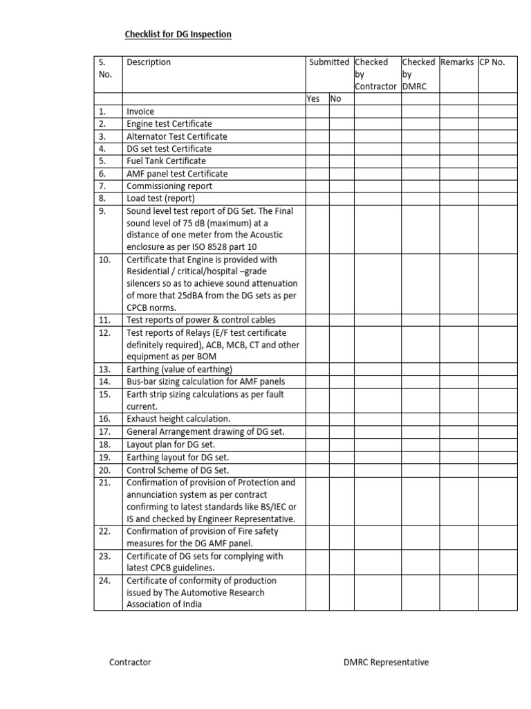Checklist For DG Inspection | PDF | Technology & Engineering