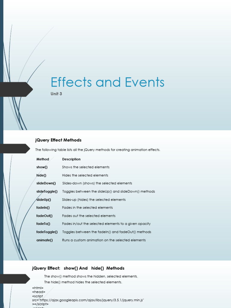 jQuery Animation and Event Methods Guide | PDF | J Query | Cursor (User Interface)