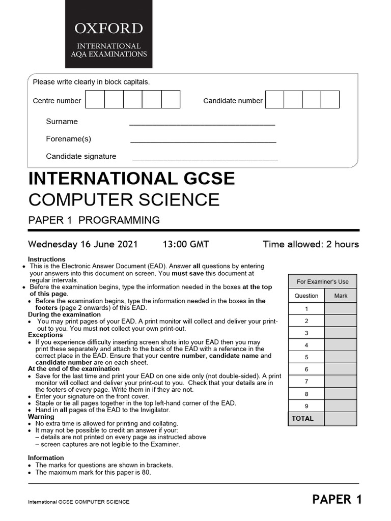 Gcse Computer Science Unit1 Answer Booklet Jun19 | PDF