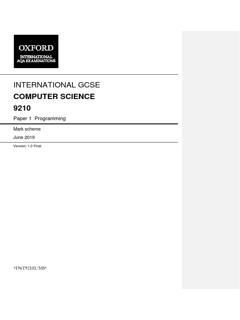 Gcse Computer Science Unit1 Mark Scheme Jun19 Pdf Parameter