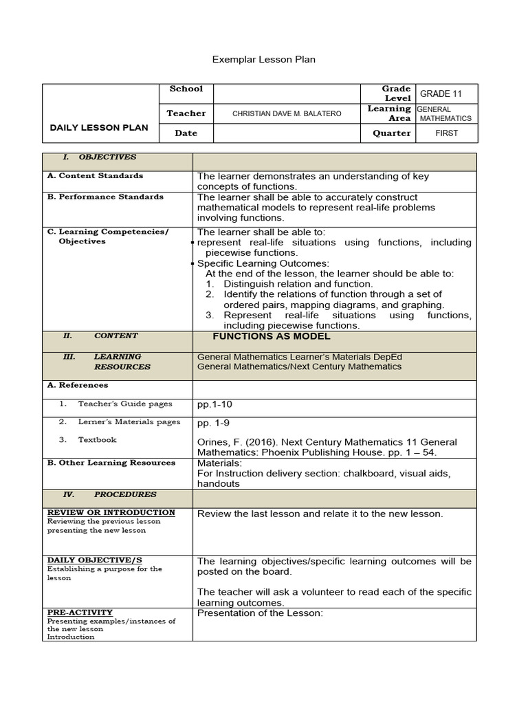Exemplar Lesson Plan | PDF | Function (Mathematics) | Learning