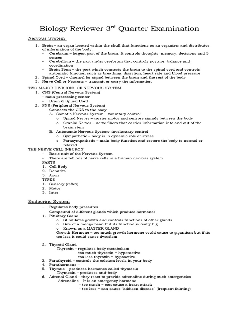 Biology Reviewer 3rd Quarter Examination | PDF | Nervous System | Menstrual Cycle