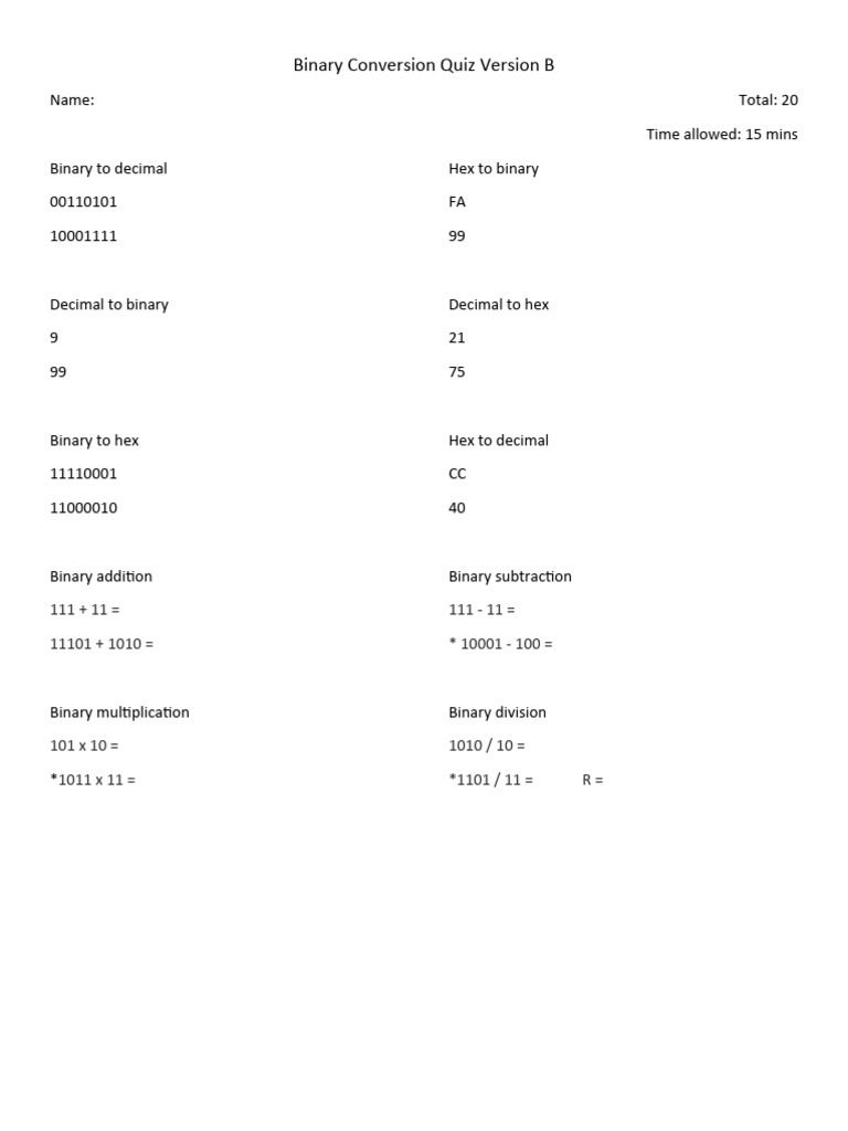 Binary Conversion Quiz Version B | PDF