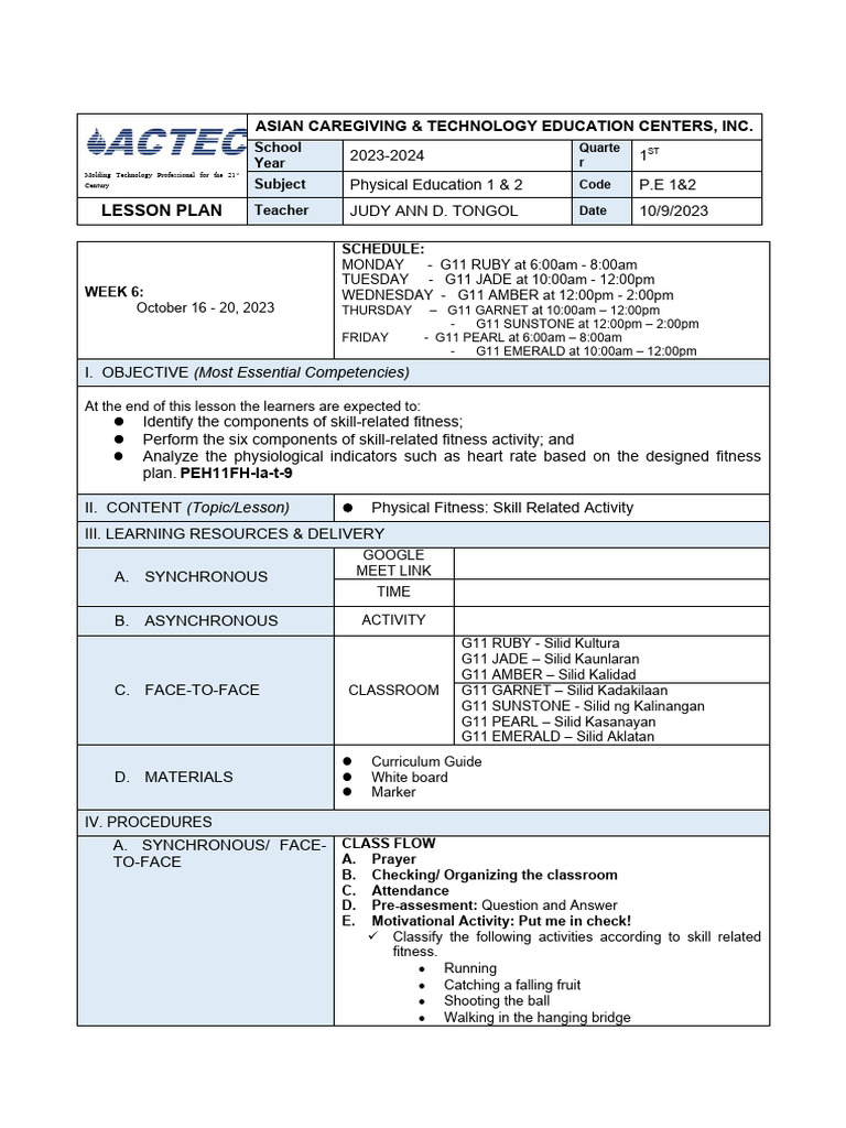 Lesson Plan: Asian Caregiving & Technology Education Centers, Inc | PDF | Learning | Human ...