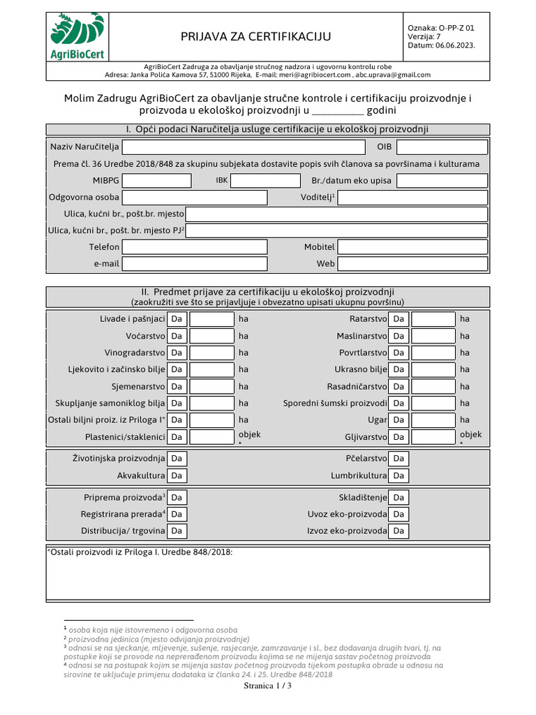 O-PP-Z 01 Prijava Za Cert. - Ver. 7 - 06.06.23 | PDF
