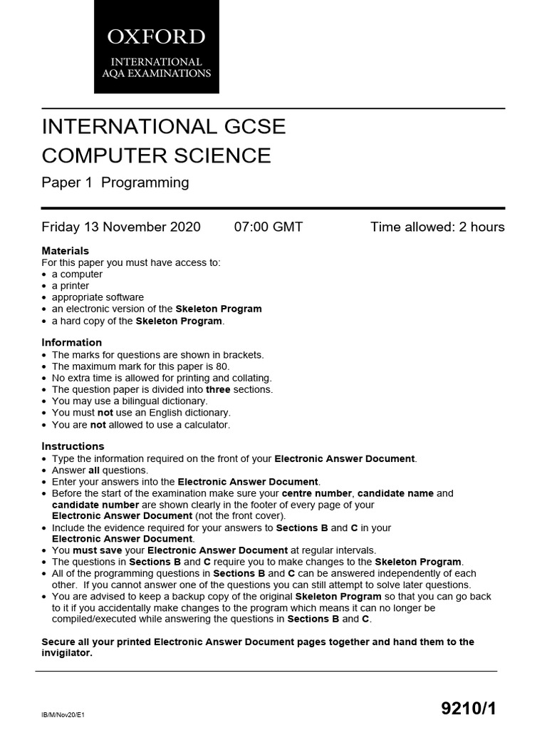 Gcse Computer Science Question Paper1 Nov20 Pdf Data Type Parameter Computer Programming
