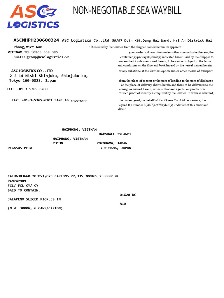MBL Pobuhph230600322 SWB | PDF | Logistics | Transport