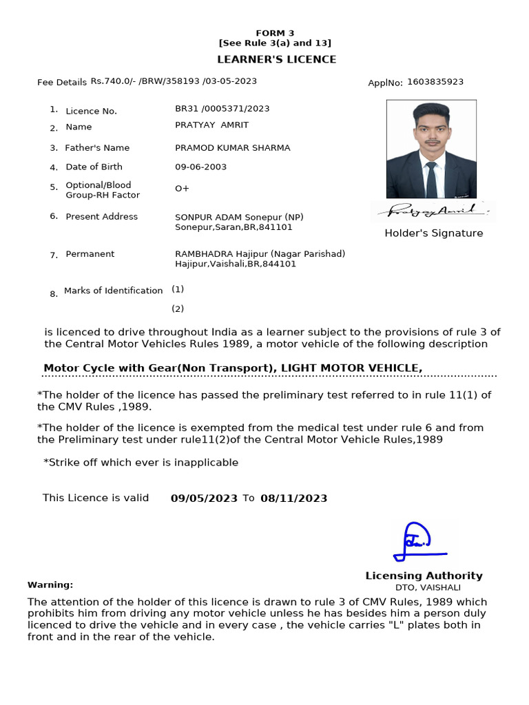 Learner'S Licence: Form 3 (See Rule 3 (A) and 13) | PDF
