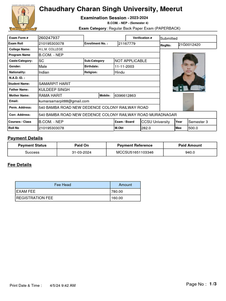 Student Exam Form | Download Free PDF | Payments