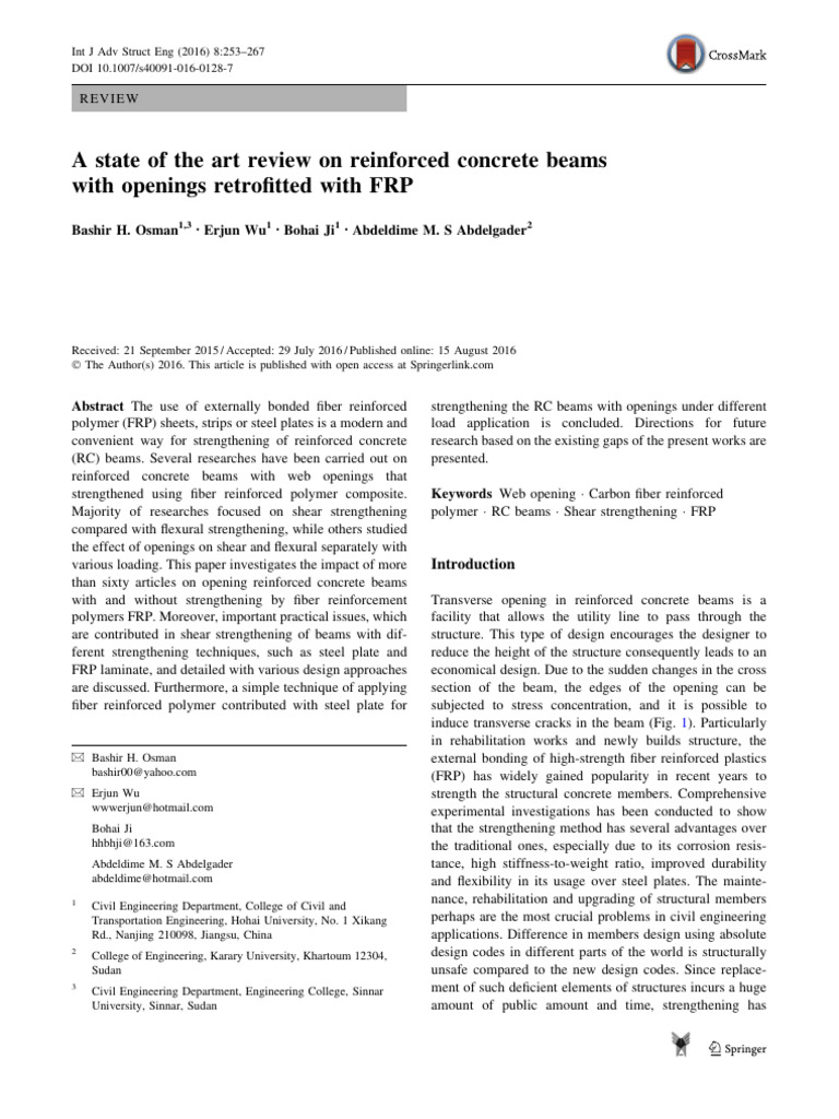A State Of The Art Review On Reinforced Concrete Beams With Openings Retrofitted With Frp Pdf